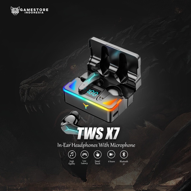Jual X7 Tws BT 5.1 Colorful Breathing Light Low Latency Gaming Wireless ...