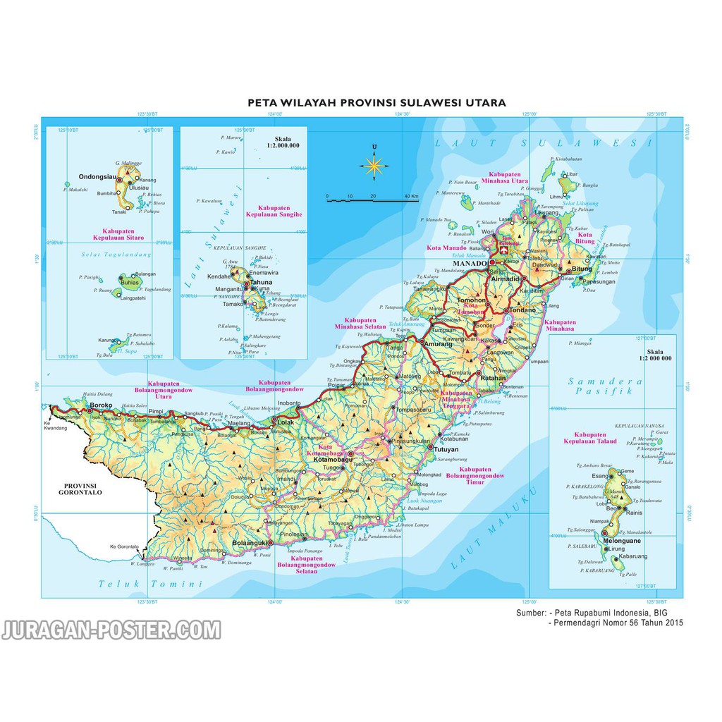 Jual Peta Dinding Provinsi Sulawesi utara Ukuran 120x150cm Bahan PET ...