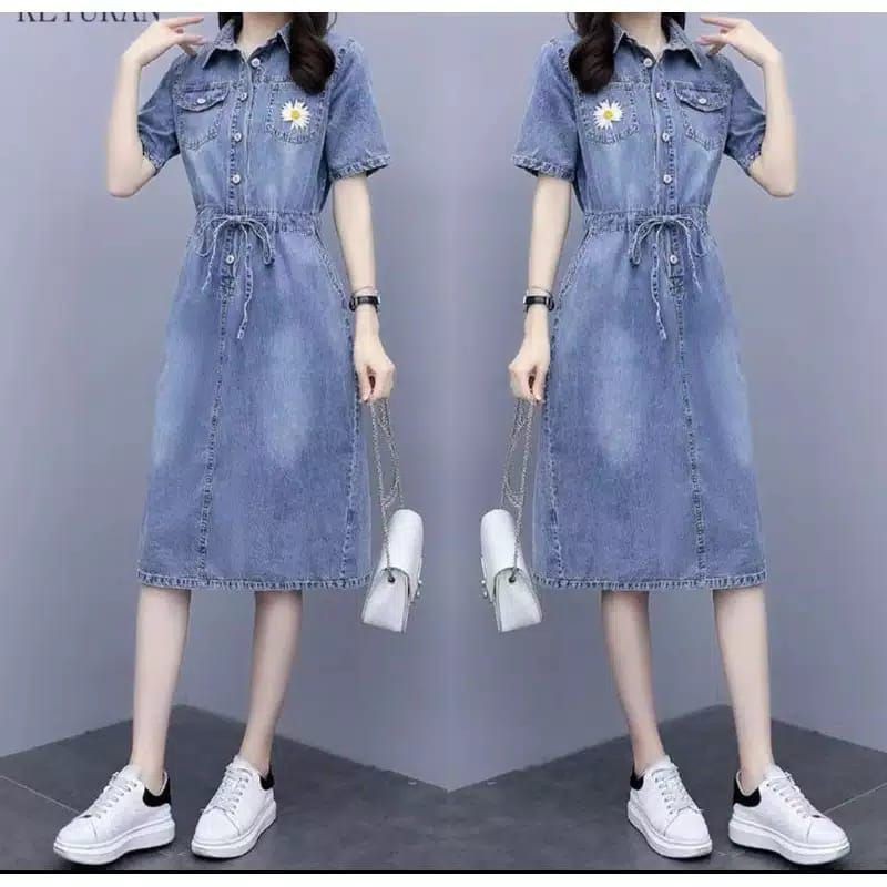 Jual SEVEN.CLOTH Bunga Dress jeans wanita bordir kembang | Shopee Indonesia