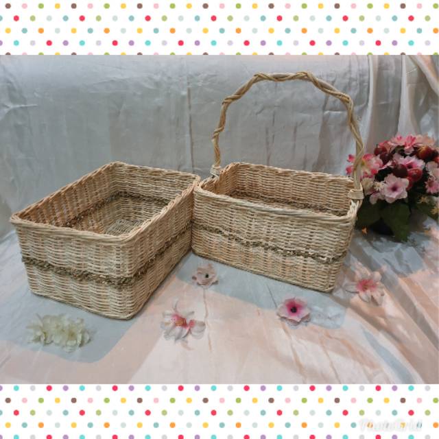 Jual K51M - Keranjang rotan persegi tangkai M 30x22x15 cm kotak hampers ...
