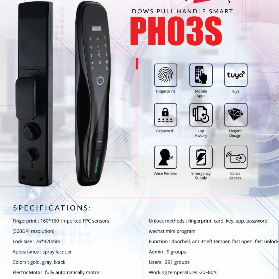Jual Handle Pintu Otomatis , Smart Lock , Finger Print merk Dows PH03S ...