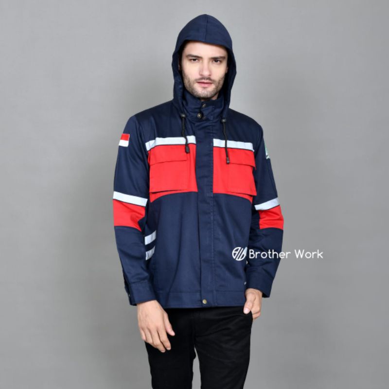 Jual wearpack safety tutup kepala merah navy - jaket bagus - jaket ...