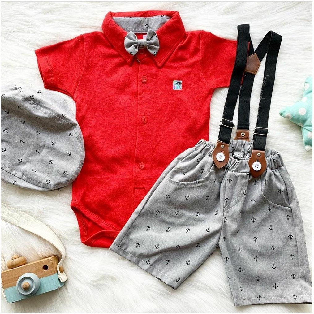 Jual Baju bayi Setelan jumper celana suspender topi dasi motif bintik ...