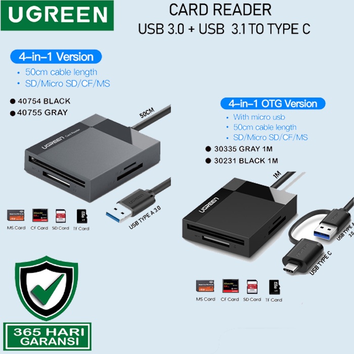 Jual Ugreen All In One Adaptor Card Reader 4 in 1 SD/TF/MS/CF USB 3.0 ...