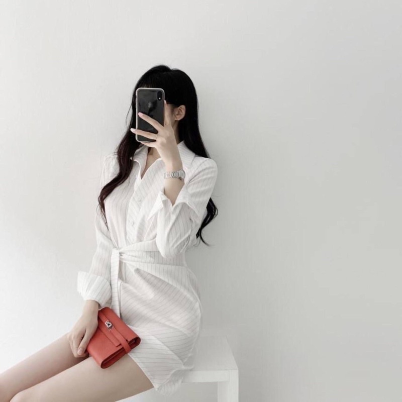 Jual Claire Dress Korean Stripe Collar Formal Work Office Kancing Busui ...