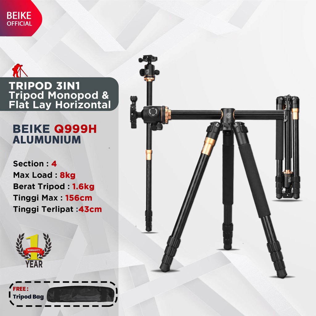 Jual Beike Tripod Q999H Tripod Monopod Flatlay 3 in 1 Multifunction ...