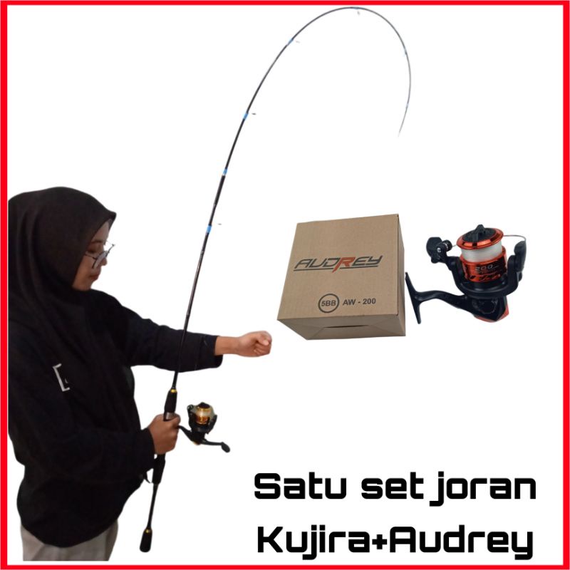 Jual satu set joran pancing spinning kolam galatama ajiro kujira fiber solid medium lentur drag ...