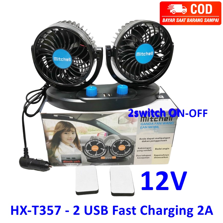 Jual MITCHELL HX-T357 12V DC 2USB 2A + ON-OFF swing kipas mobil double fan | Shopee Indonesia