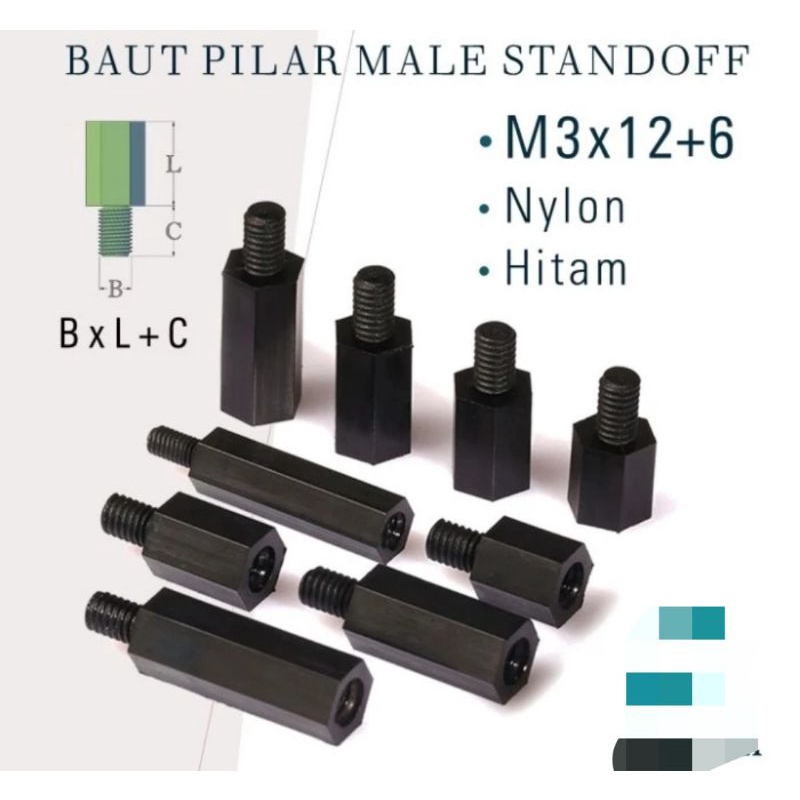 Jual baut pilar nylon M3 x 12 + 6 standoff Spacer male female plastik ...
