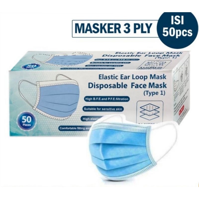Jual masker kesehatan masker earloop isi 50 pcs (1 box) masker 3 ply ...