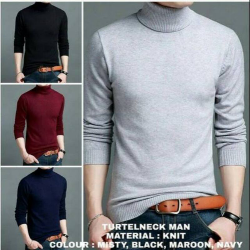 Jual Turtleneck Knit Sweater Cowok / Atasan Rajut Kerah Tinggi Lengan ...