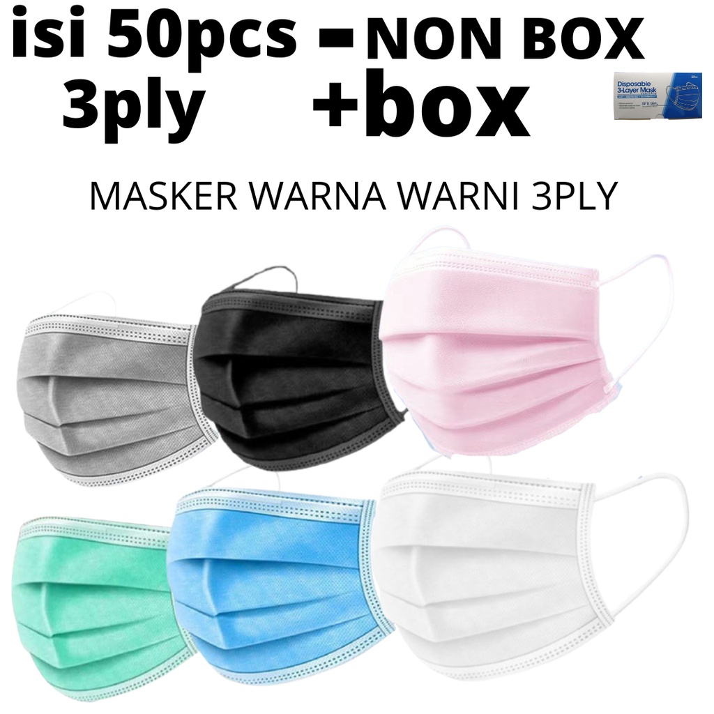 Jual Masker 3ply warna warni isi 50pcs Face mask Disposable tebal ...