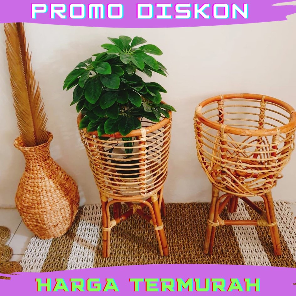 Jual Standing Keranjang Pot Bunga Single Bulat Rotan Alami | Shopee ...