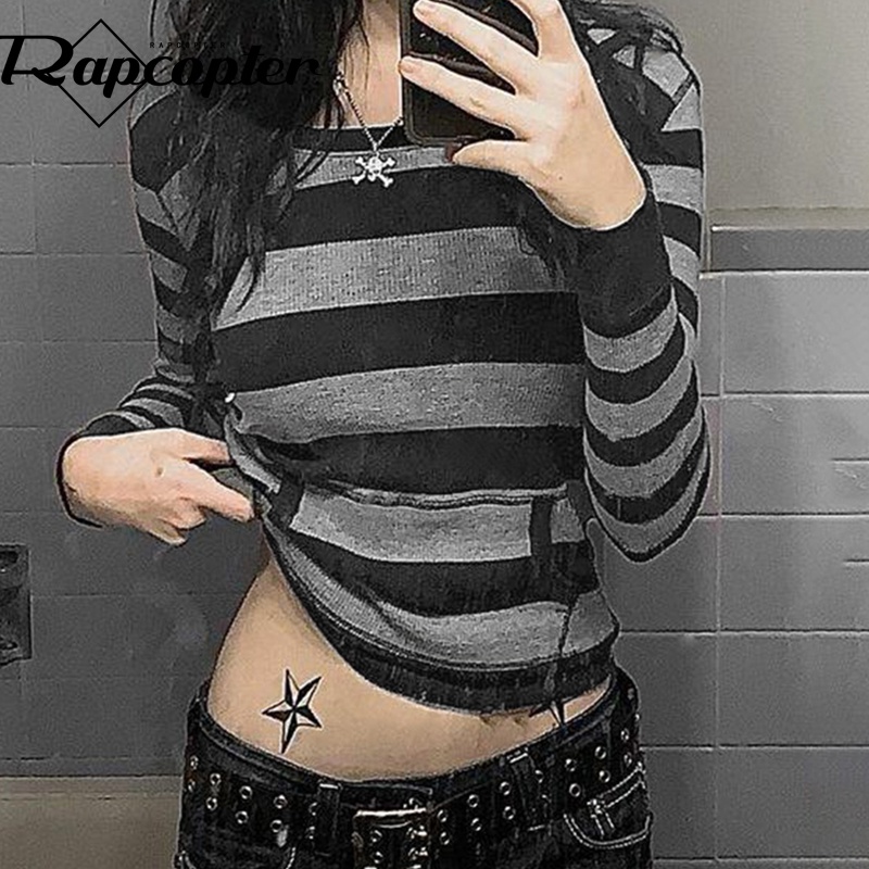 Jual Rapcopter Y2k Striped Crop Top Pockets Hooded Long Sleeve T Shirt