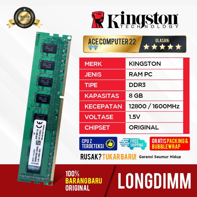 Jual RAM KINGSTON LONGDIMM DDR3 8GB PC 12800 | Shopee Indonesia
