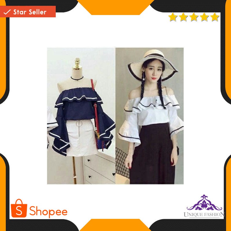 Jual Sabrina Line Ro Blouse Wanita Twiscont Navy Dan Putih | Shopee ...