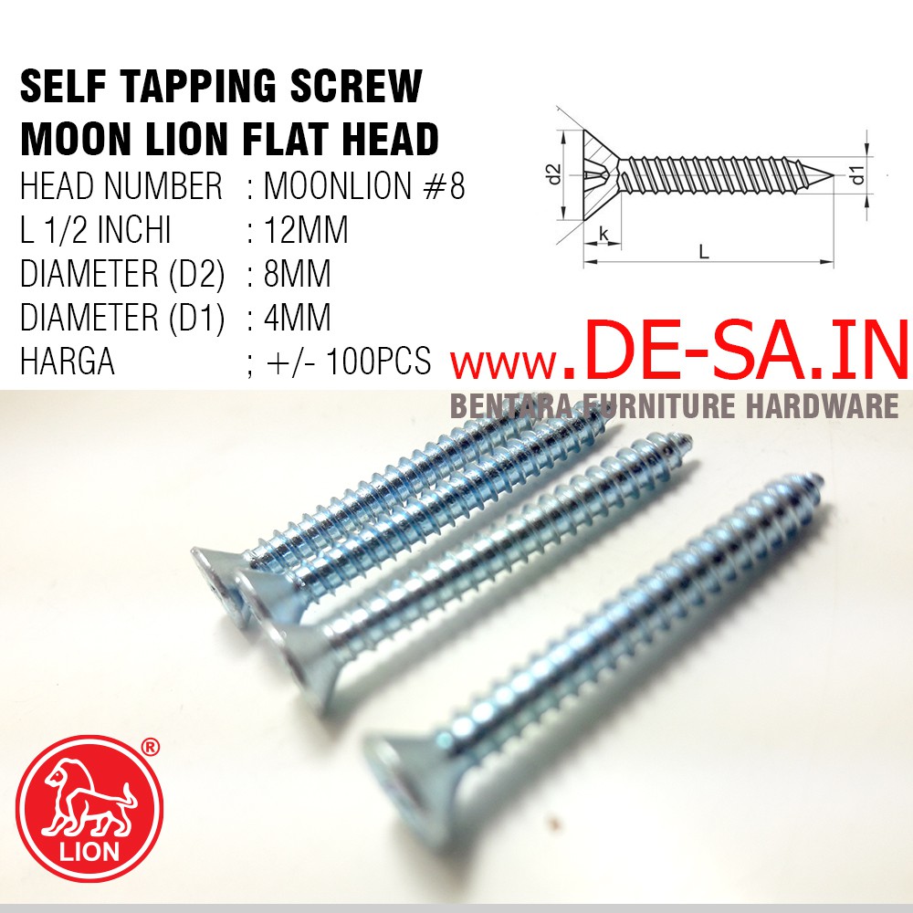 Jual 100 x Moon Lion Skrup #8 x 12MM - Self Tapping Flat Head Screw ...