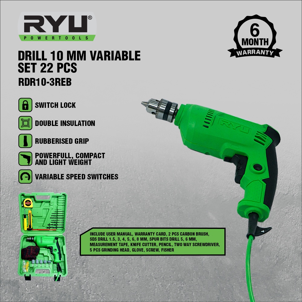 Jual RYU Drill 10 Mm Variable Set 22 Pcs - Mesin Bor Set RYU 10 Mm ...