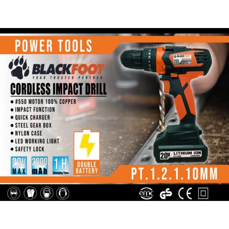 Jual Mesin Bor Blackfoot 20 Volt / Impact Cordless Drill / Bor Tangan ...