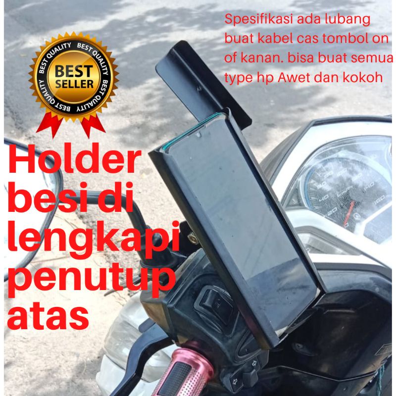 Jual holder hp motor besi spion stang ojek maxim grab universal di lengkapi penutup atas ...