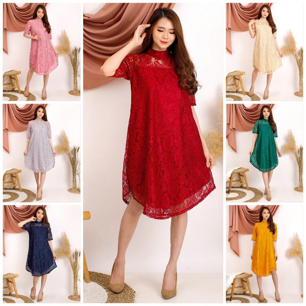 Jual (PASTI REALPIC) DRESS RIHANA BRUKAT CORNELI TULANG TIMBUL GLITTER DRES BROKAT NATAL PESTA ...