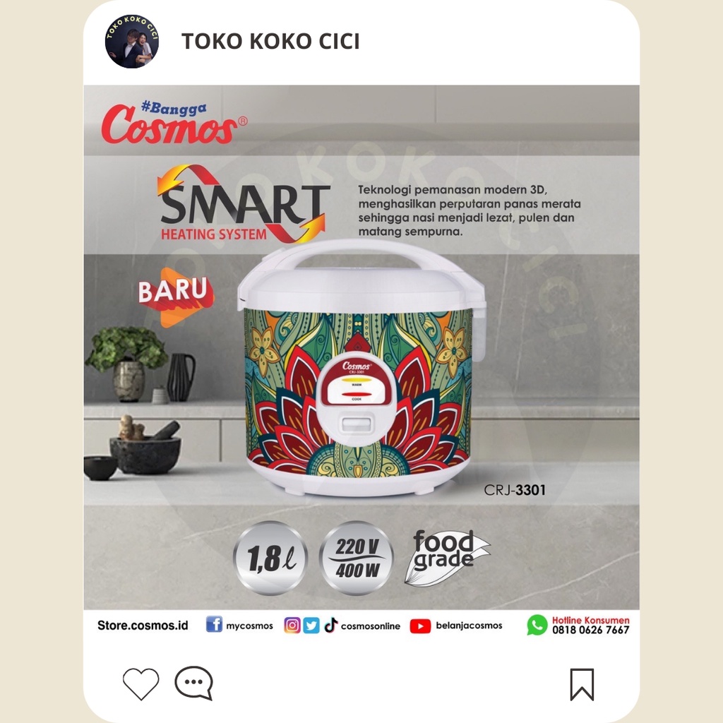 Jual RICE COOKER COSMOS CRJ 3301 / MAGIC COM / PEMBUAT NASI / TEMPAT ...