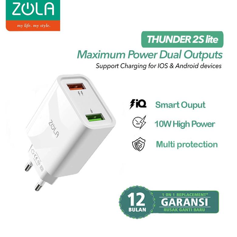 Jual Zola Charger Thunder 2S Dual Ports Usb Output 10W, Fast Charging 2 ...