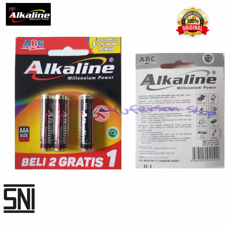 Jual Battery ABC Alkaline AAA LR03 1.5V 1 Pack (2+1 Pcs) | Shopee Indonesia