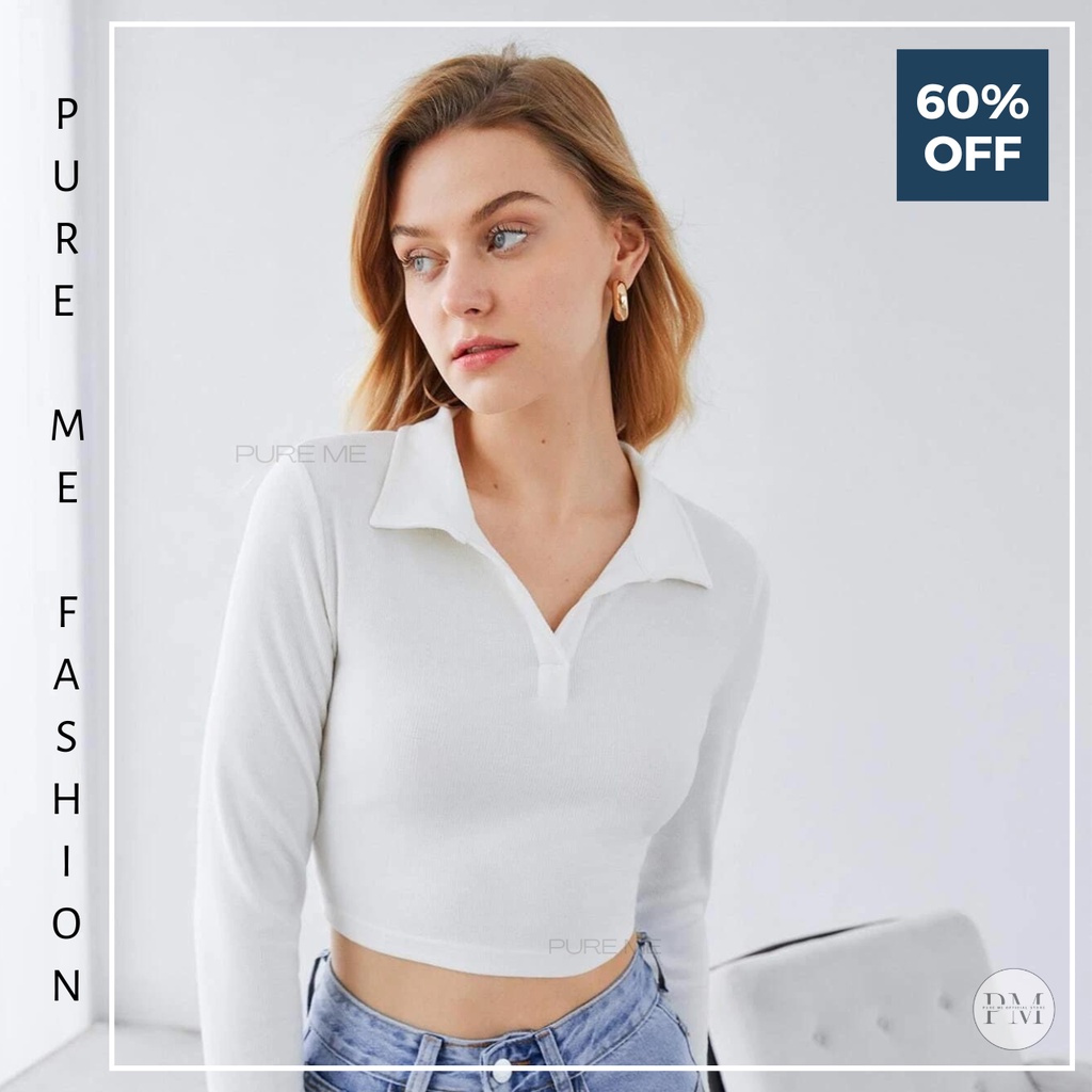 Jual Pure Me Fashion - Lyra Crop Top Collar Rib Knit Long Sleeve Premium Croptop Rajut Kerah ...