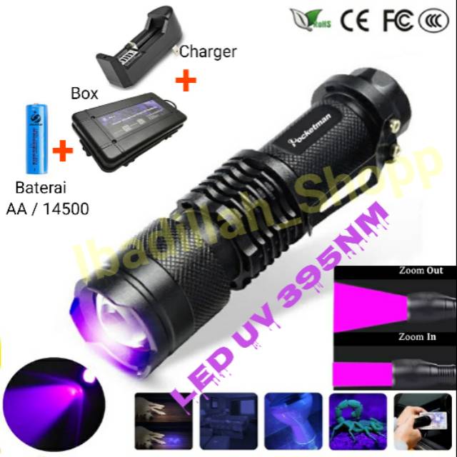Jual Senter Ultraviolet LED 395nm UV + Baterai + Charger + Box Pocketman P1 | Shopee Indonesia