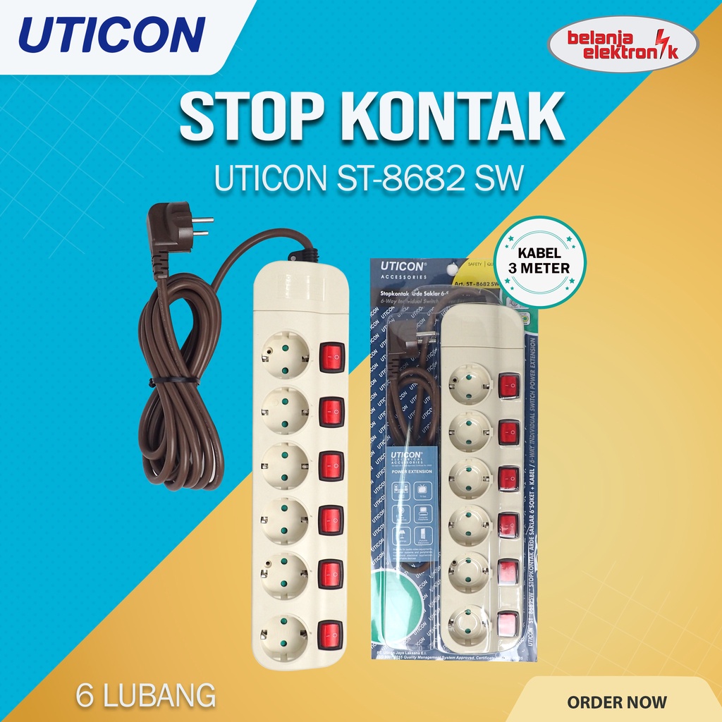 Jual STOP KONTAK 6 LUBANG KABEL 3 METER TERMINAL KONTAK KUNINGAN + SAKLAR UTICON ST-8682 SW ...