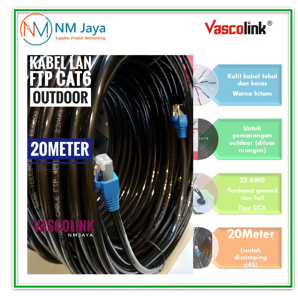Jual Vascolink Kabel Lan Outdoor 20 Meter Ftp Cat6 Siap Pakai sudah dicrimping rj45 besi dan ...