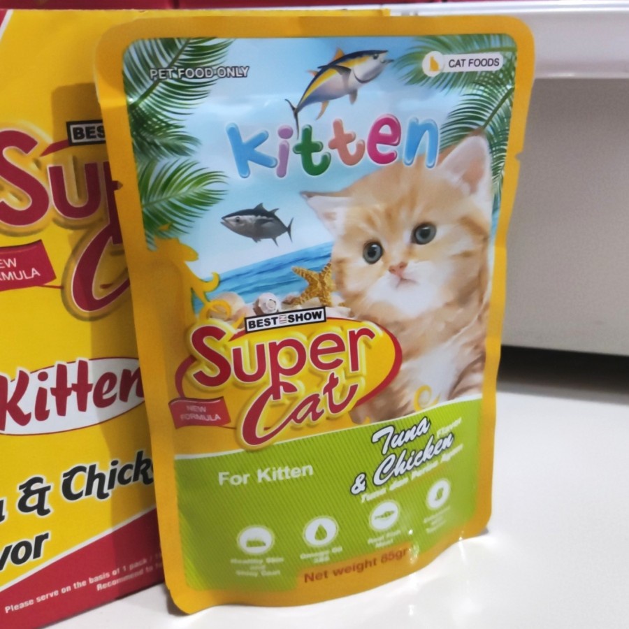 Jual (12pcs) Wet Food Super Cat Sachet Kitten Tuna & Chicken 85gr ...