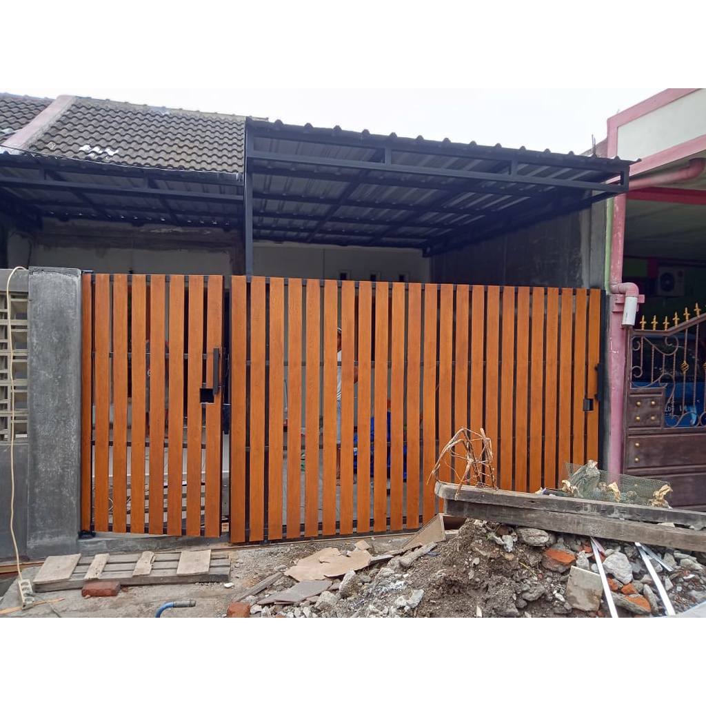 Jual pagar conwood kayu cakep / pagar rumah kayu rangka besi hollow ...
