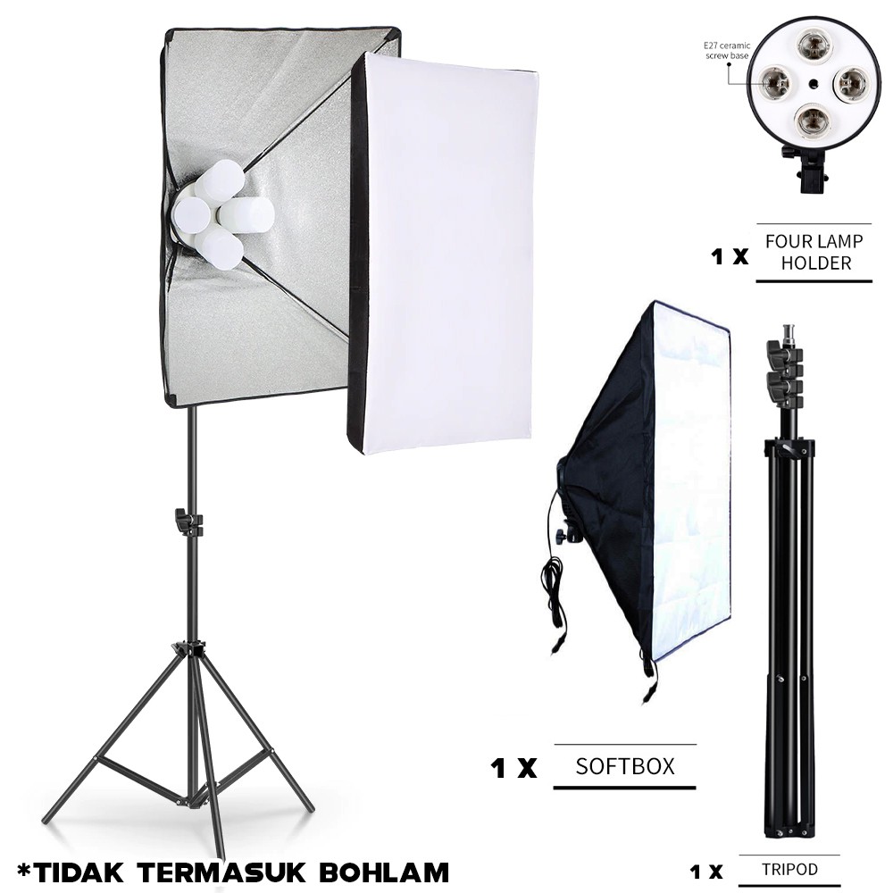 Jual PAKET SOFTBOX 4 SOCKET E27 50x70cm Payung + Light Stand Lampu Bulb ...
