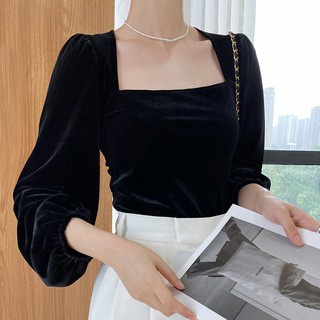 Jual Blus Square Neck Lengan Puff Panjang Warna Hitam Gaya Korea Untuk ...