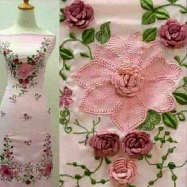 Jual Bahan Baju Kurung Bordir Manual Motif Bordir Bunga Timbul (Khusus ...