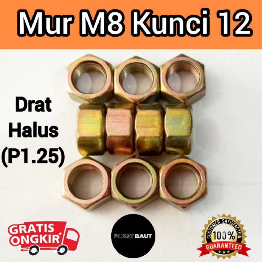Jual (100 pcs)Mur M8 Mur Kunci 12 Kuning Hex Nut Diameter 8 mm Pitch 1. ...