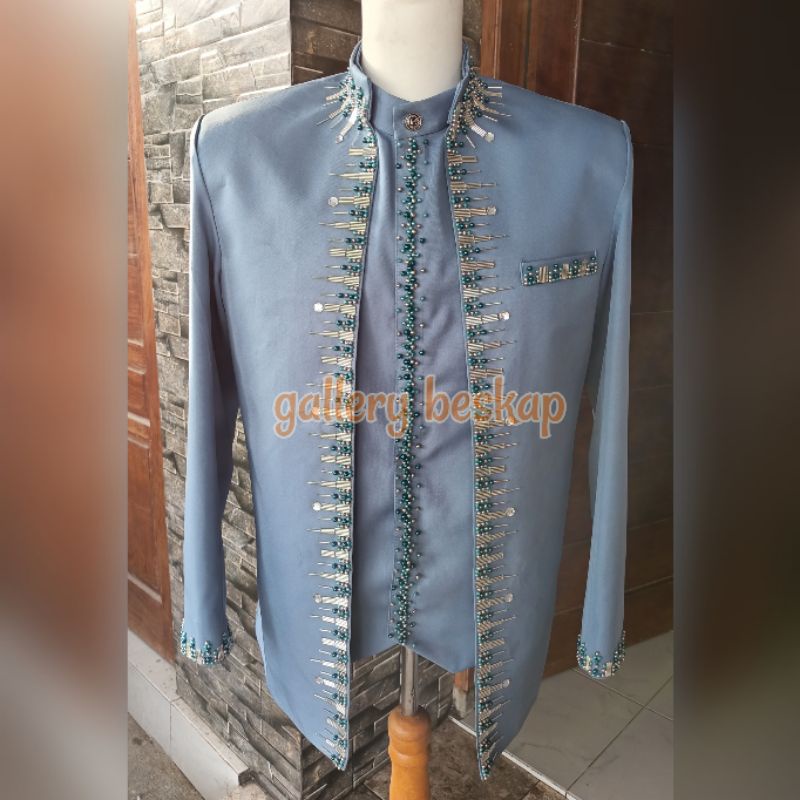 Jual Beskap basofi muslim denim blue semi wool / beskap pengantin sunda ...