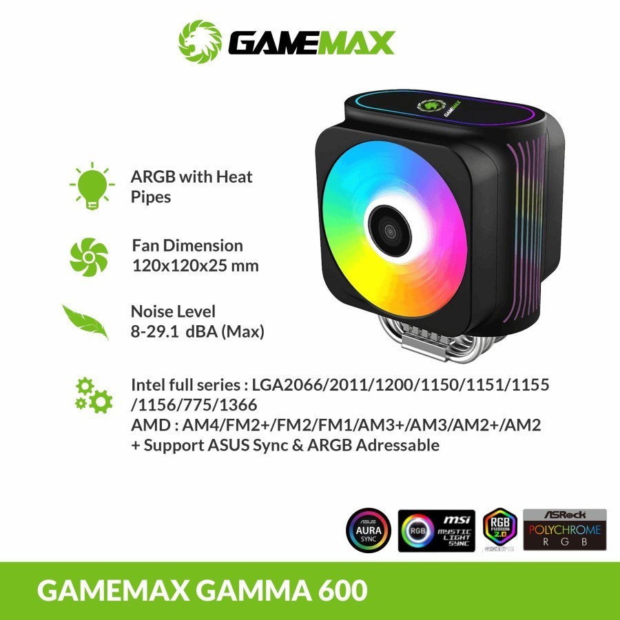 Jual Gamemax Gamma 600 Dual Fan Rainbow CPU Air Cooler with Remote ...