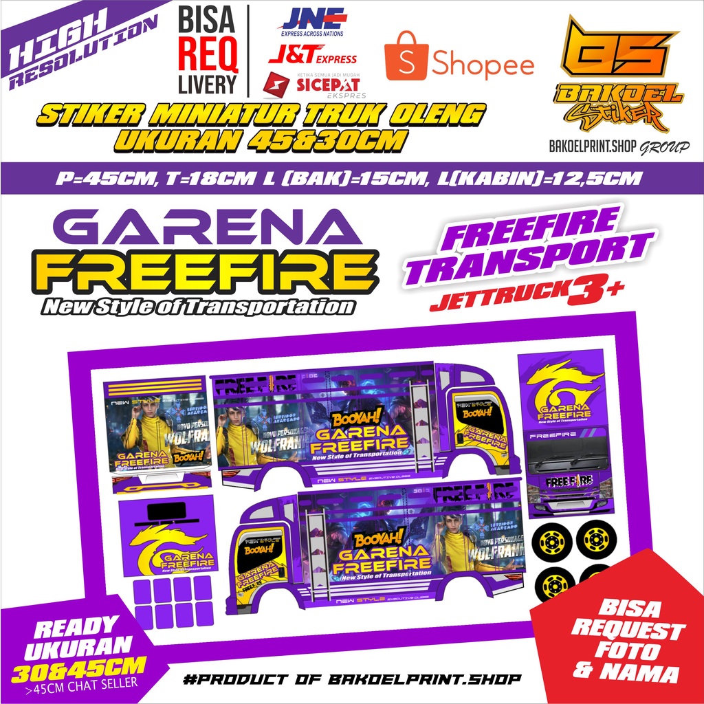 Jual [COD] STIKER MINIATUR TRUK OLENG UK 30&45CM MOTIF "FREEFIRE" #1 ...