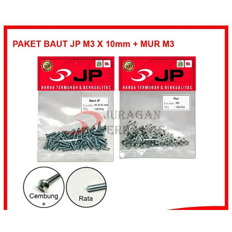 Jual PAKET 2 SET BAUT MUR 3 X 10 / BAUT M 3 X 10mm MUR M3 ISI 100 PCS / BAUT MUR MURAH | Shopee ...