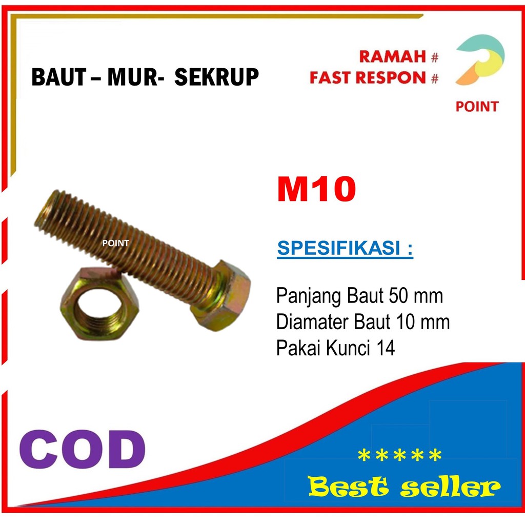 Jual Baut Mur M10 Ukuran 10mm x 50mm Kunci 14 | Shopee Indonesia