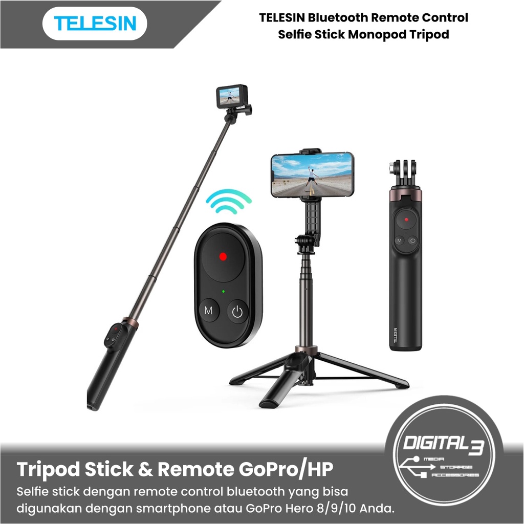 Jual Tripod Selfie Stick Telesin + Bluetooth Remote HP & GoPro Hero 8 9 ...