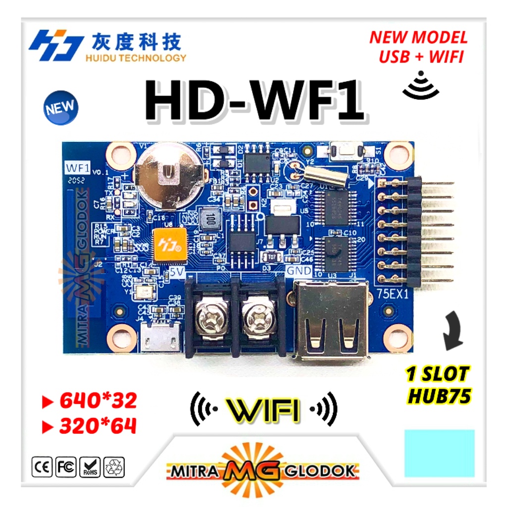 Jual HUIDU CONTROLLER HD - WF1 RUNNING TEXT USB + WIFI KONTROLER RGB FULL COLOR 1 BARIS HUB75 ...