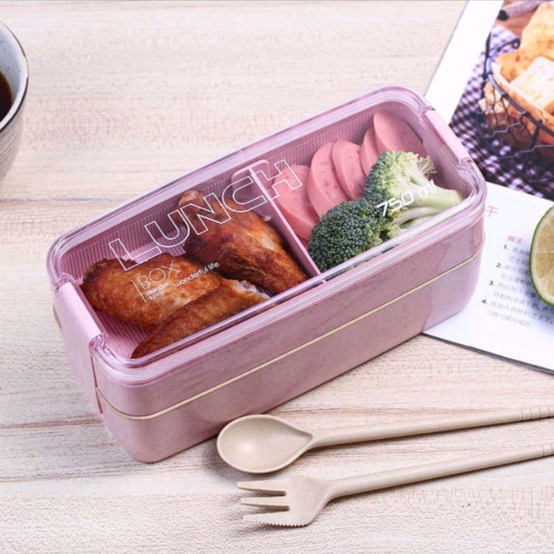 Jual Lunch Box 2 Tingkat - Tempat Makan Tutup Bening 750ml Free sendok ...