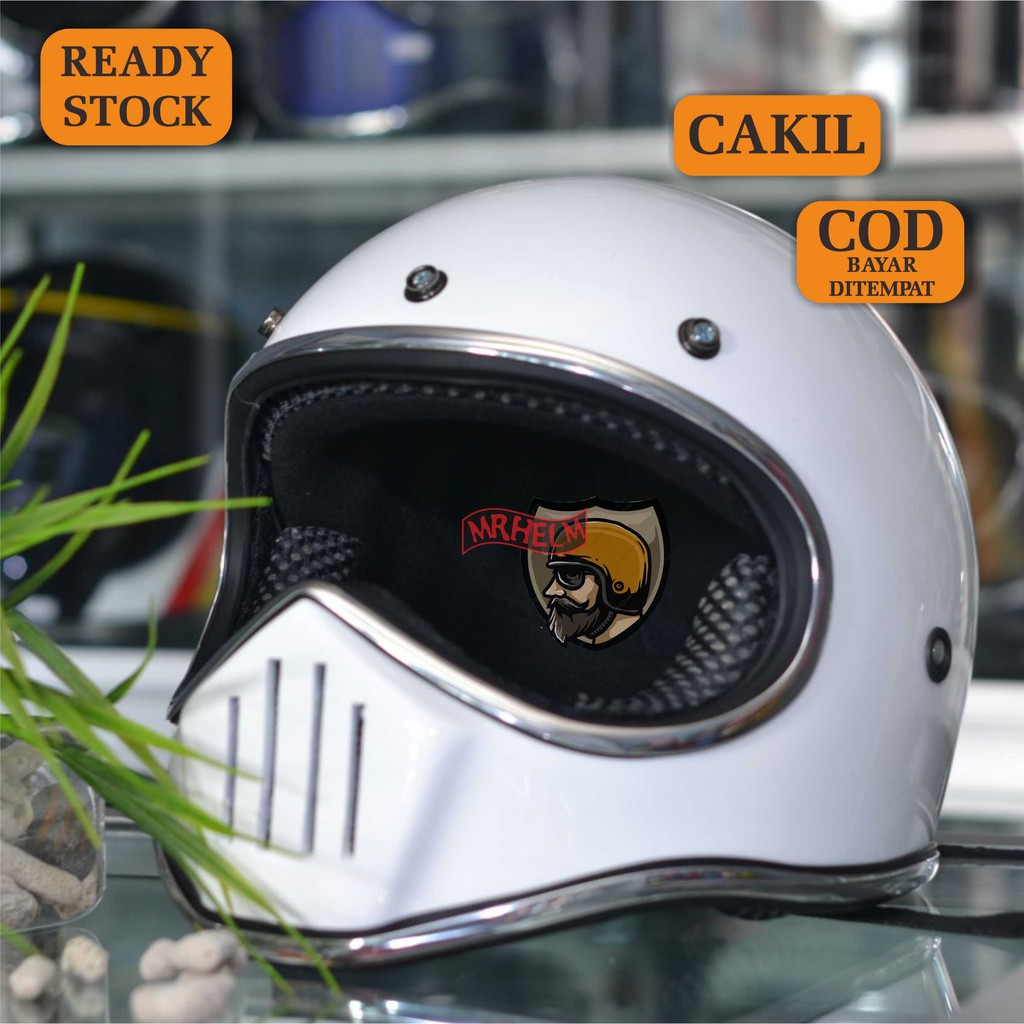Jual HELM CUSTOM CAKIL WHITE LIST CHROME ( MR HELM ) | Shopee Indonesia
