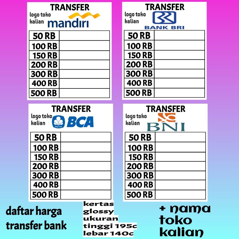 Jual DAFTAR HARGA TRANSFER BANK KERTAS GLOSSY | Shopee Indonesia
