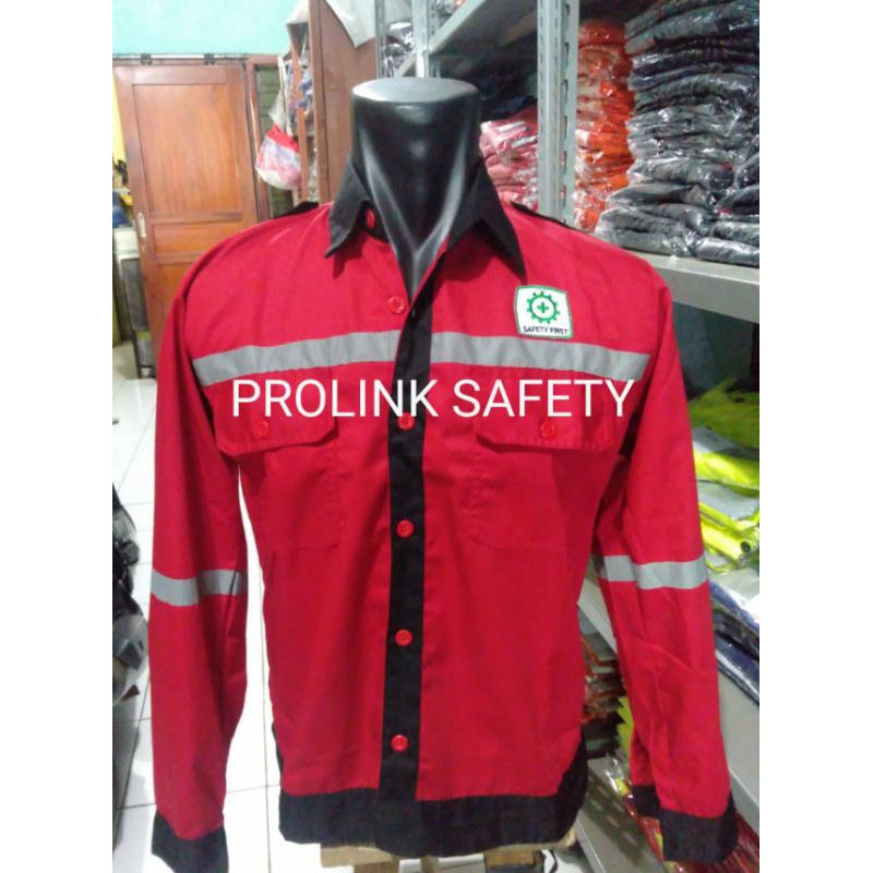 Jual SERAGAM BAJU SAFETY MERAH LIST HITAM FREE LOGO K3 BENDERA KAIN ...
