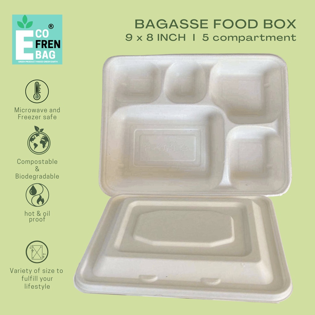 Jual ECOFRENBAG Bento Box Bagasse kotak makan 5 sekat/ 5 compartments | Shopee Indonesia